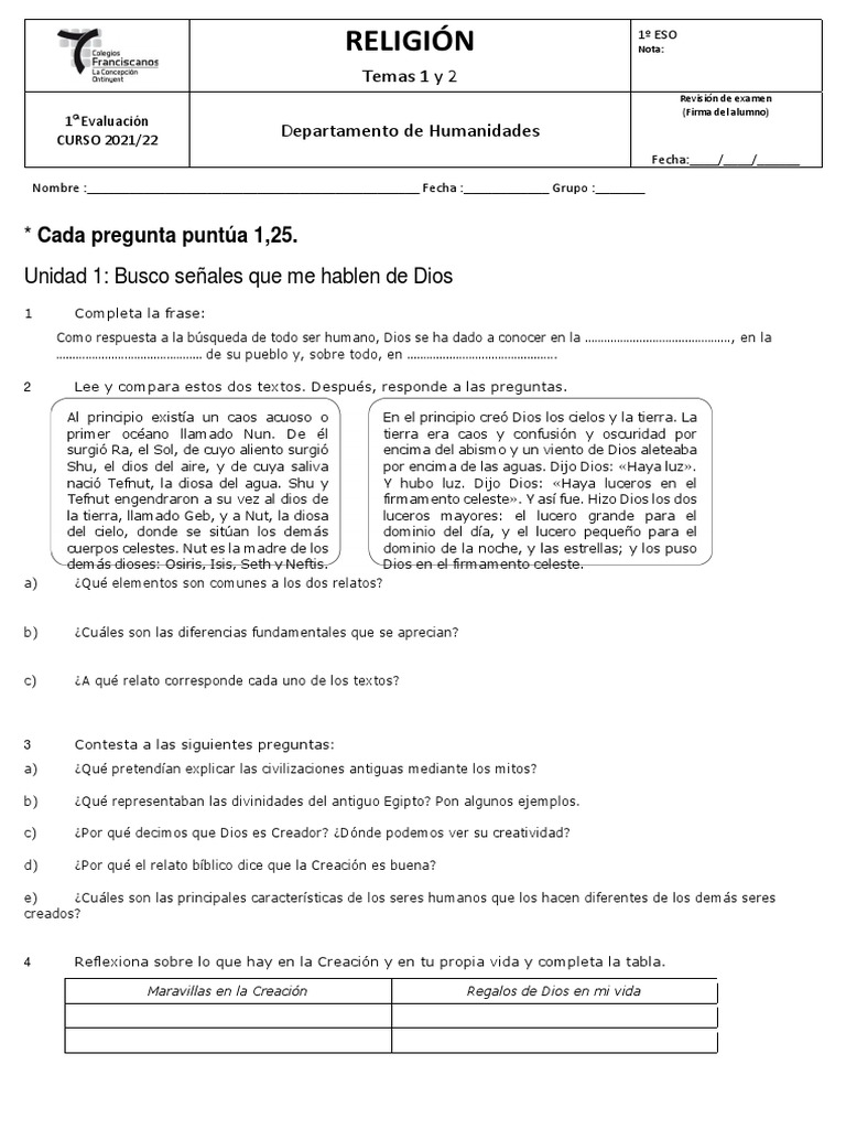 Examen 1º Eso Religión Temas 1 y 2 | PDF | Contenido bíblico | Creencia religiosa y doctrina