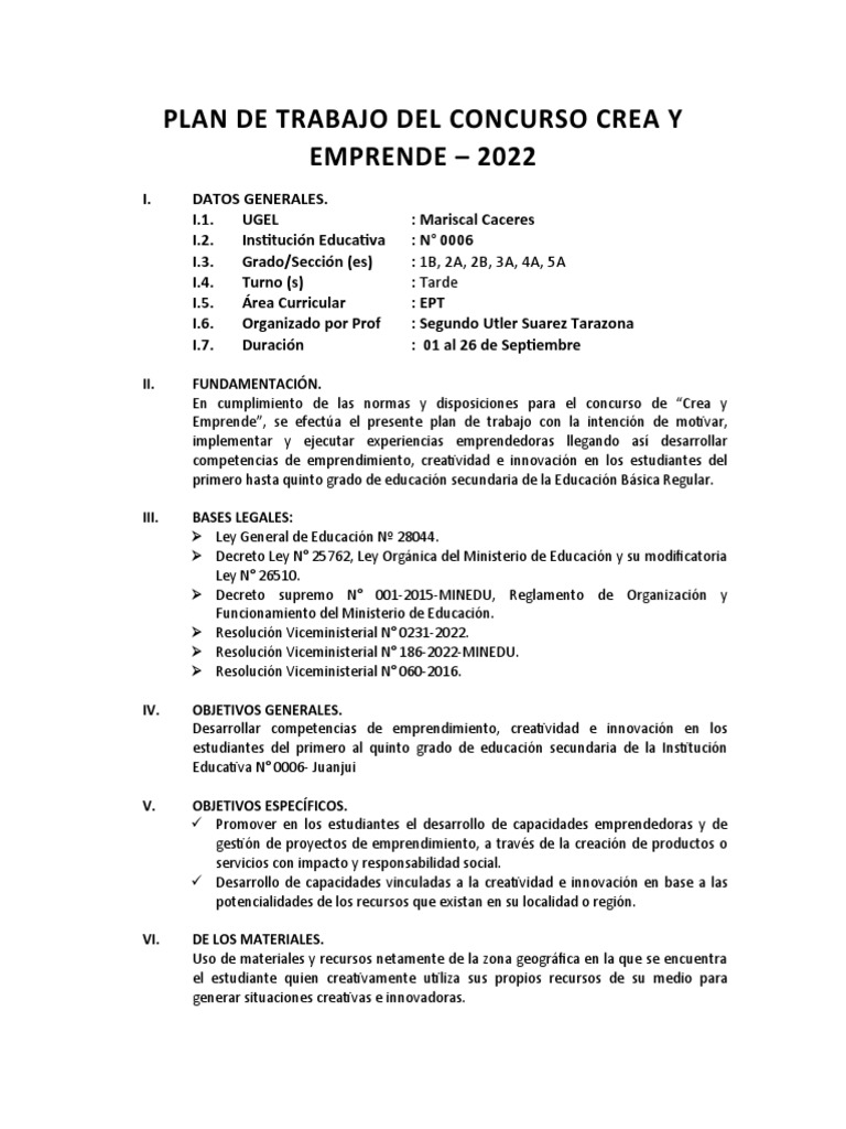 Plan de Trabajo de Crea y Emprende | PDF | Iniciativa empresarial Plan de Trabajo de Crea y Emprende | PDF | Iniciativa empresarial
