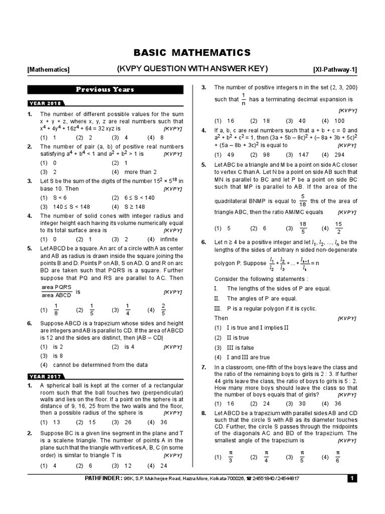 Math XI KVPY Questions | PDF | Polynomial | Sphere