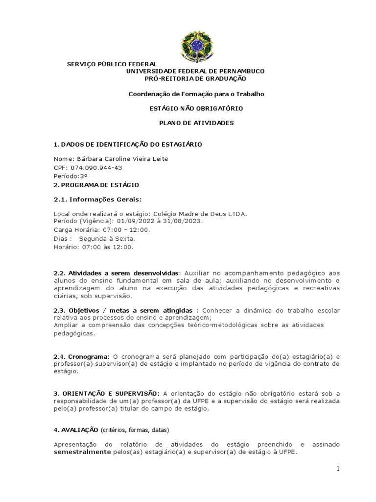 Plano de Atividade Estagio Imprimir | PDF | Pedagogia | Estágio