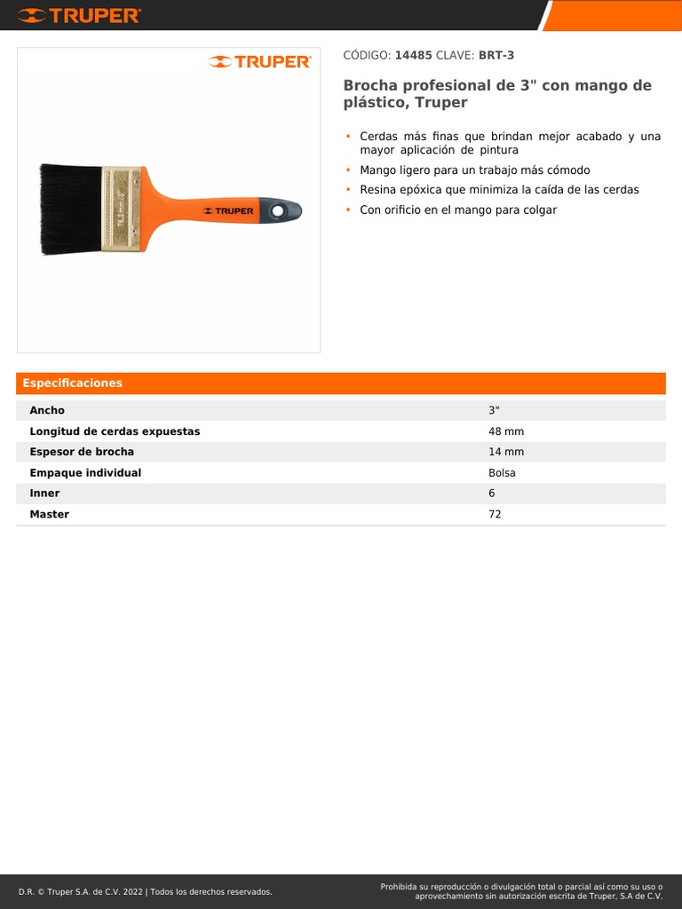 Brocha Profesional de 3" Con Mango de Plástico, Truper: CÓDIGO: 14485 ...