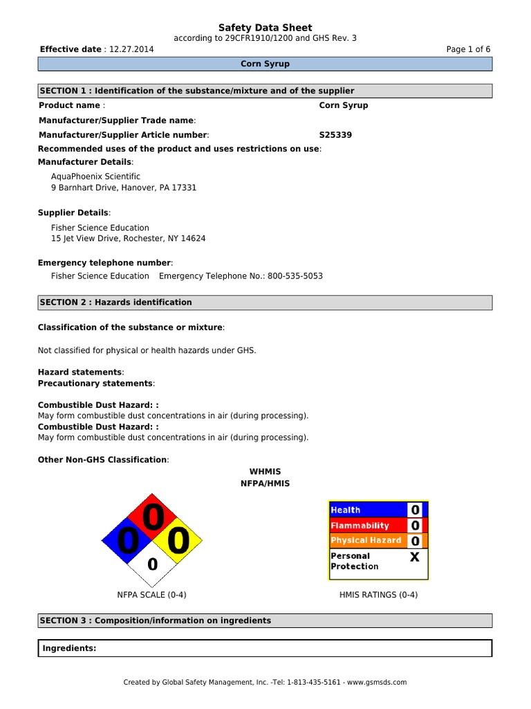 SDS-Corn Syrup 12272014 | PDF | Dangerous Goods | Hazardous Waste