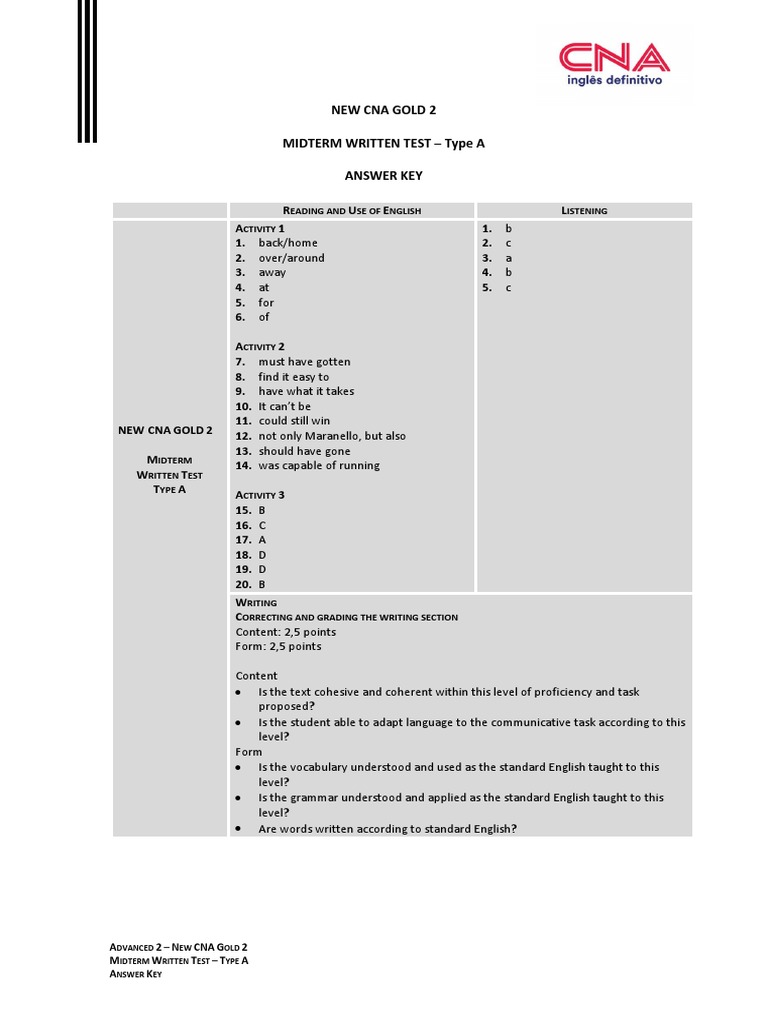 GABARITO Midterm Written Test - Type A - Answer Key | PDF