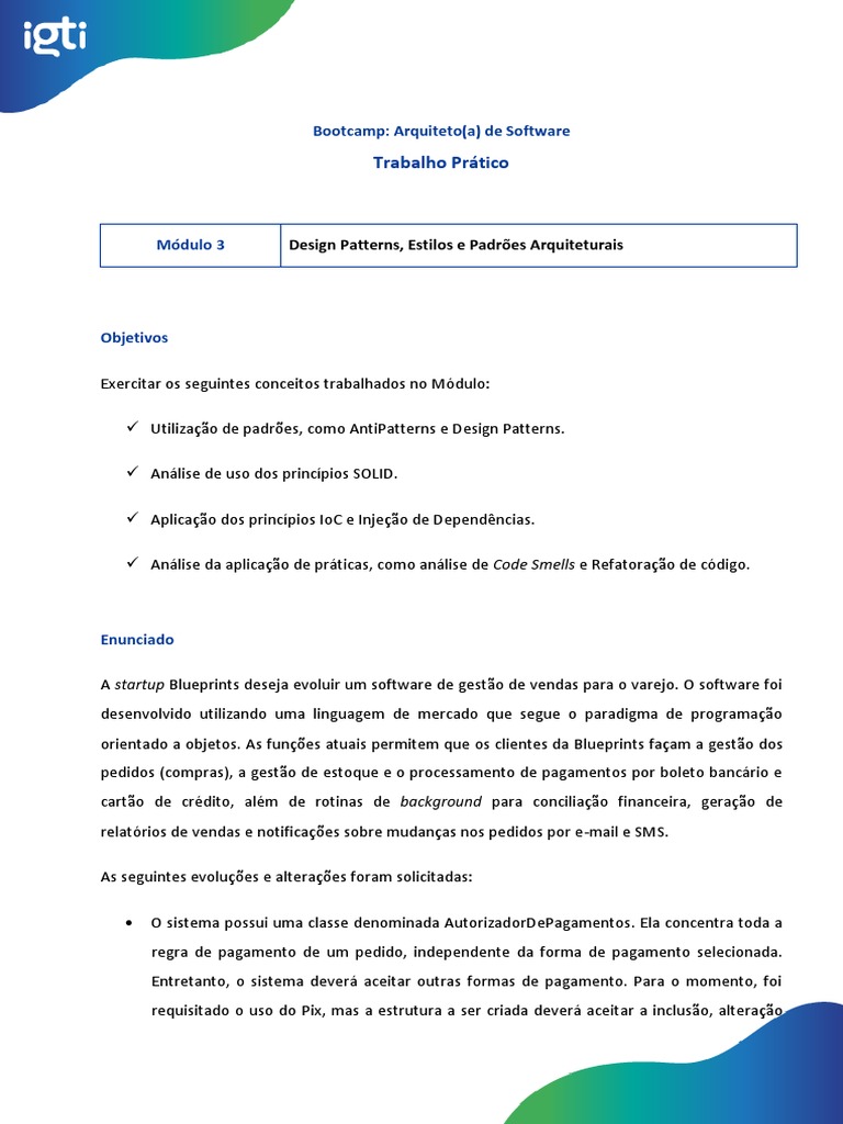 Enunciado Do Trabalho Prático Módulo 3 Bootcamp Arquiteto A De Software Pdf Padrão De 