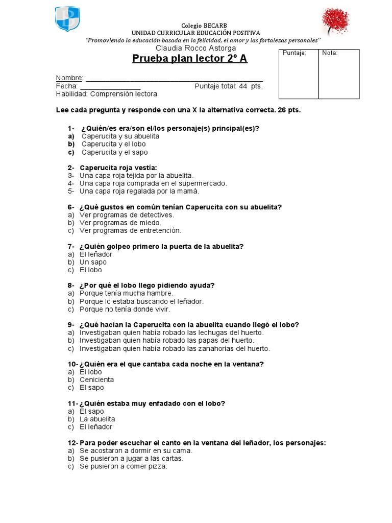 Prueba Plan Lector Caperucita | PDF