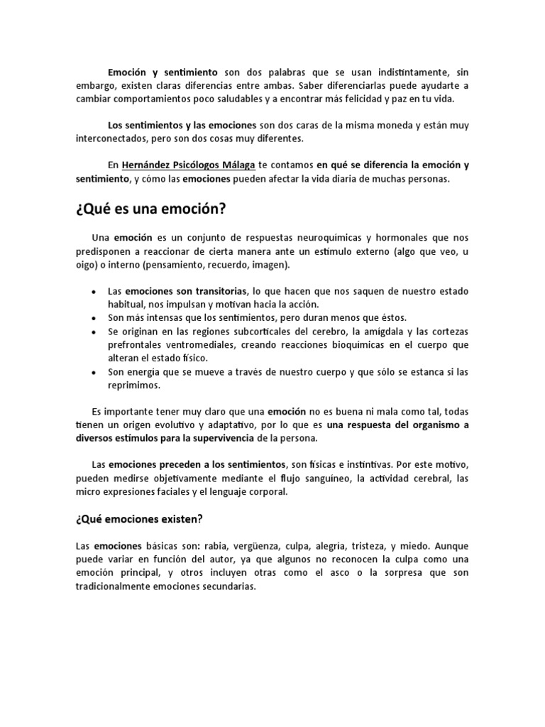 Las Emociones Los Sentimientos Y Sus Tipos Pdf Las Emociones