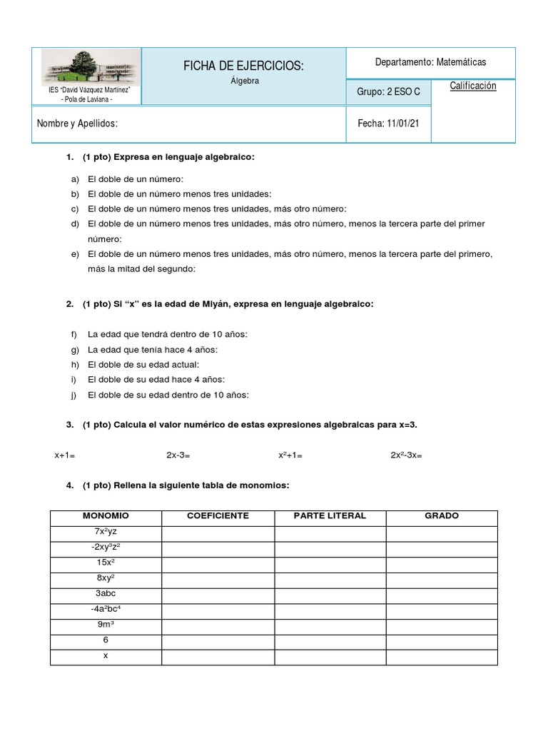 Ficha Álgebra 2º ESO C Enero21 | PDF | Análisis numérico | Álgebra abstracta