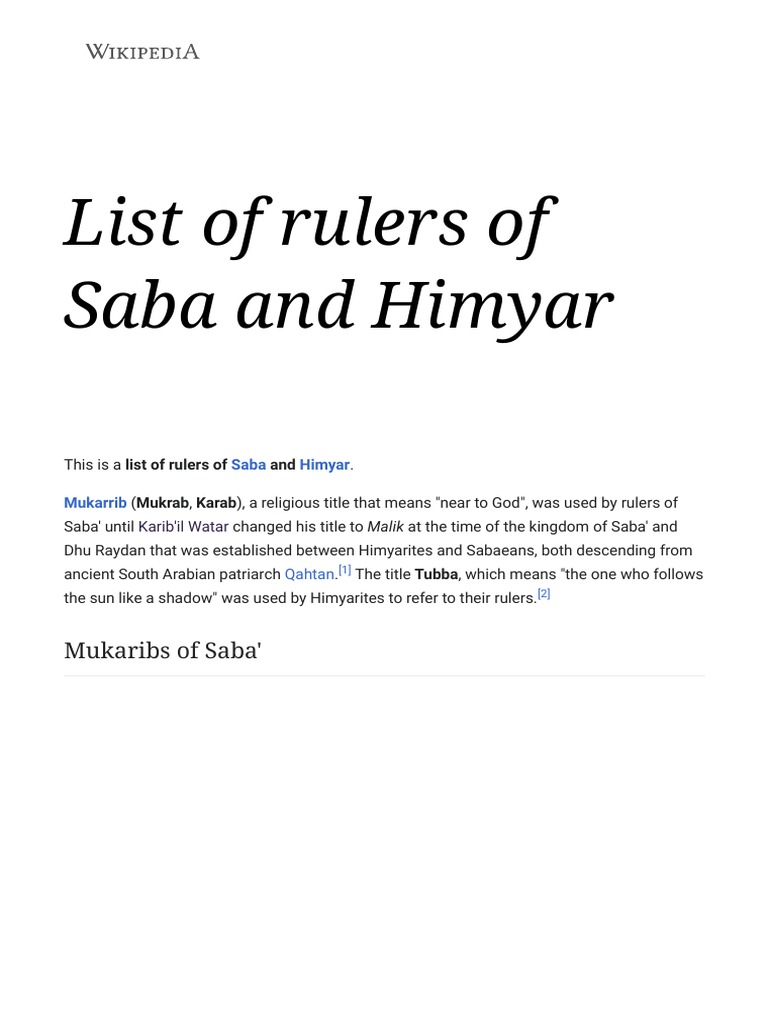 List of Rulers of Saba and Himyar - Wikipedia | PDF | Middle East | Arabs