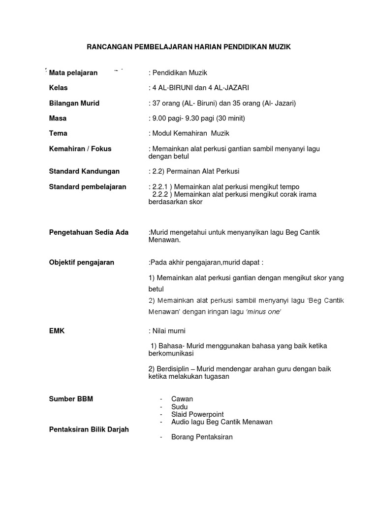 RPH Pendidikan Muzik Tahun 4 (m11) | PDF