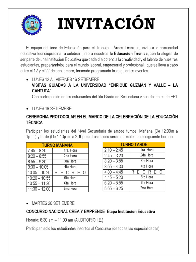 INVITACION - Celebración de La Educ. Técnica 2022 | PDF