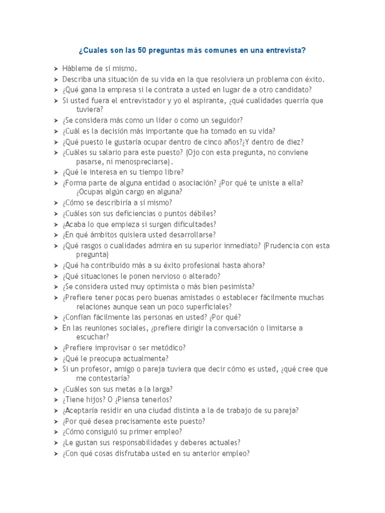 50 Preguntas de Una Entrevista | PDF