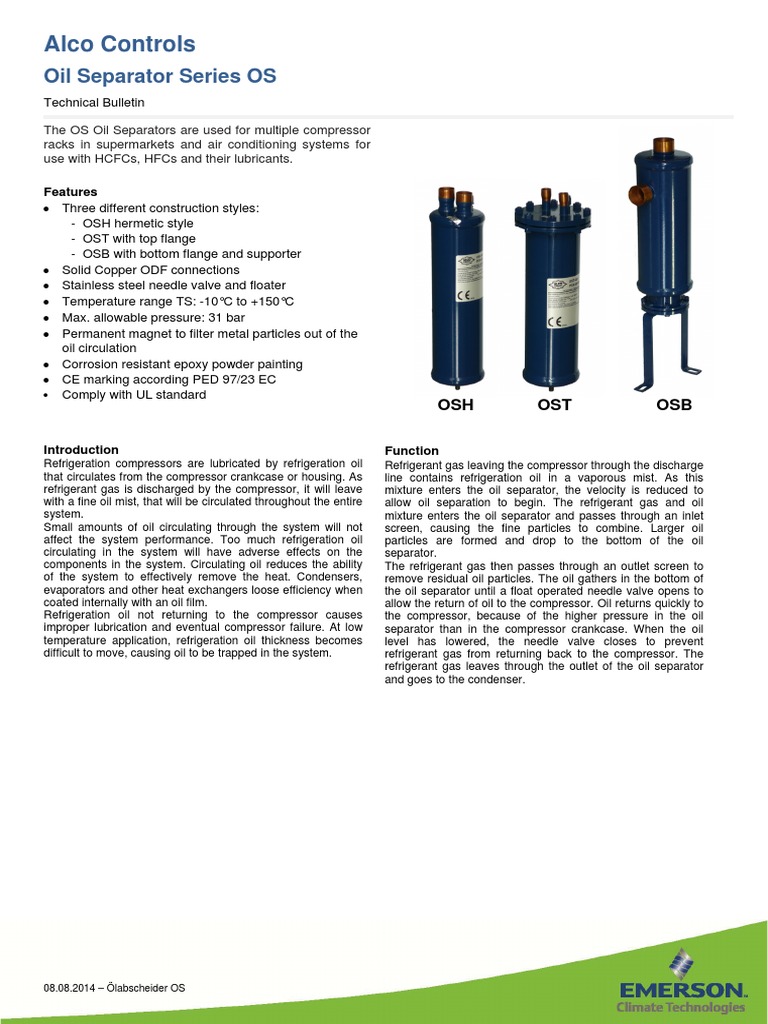 Os Oil Separators Technical Bulletin 4 Pages en GB 3842802 | PDF | Refrigeration | Heat Exchanger