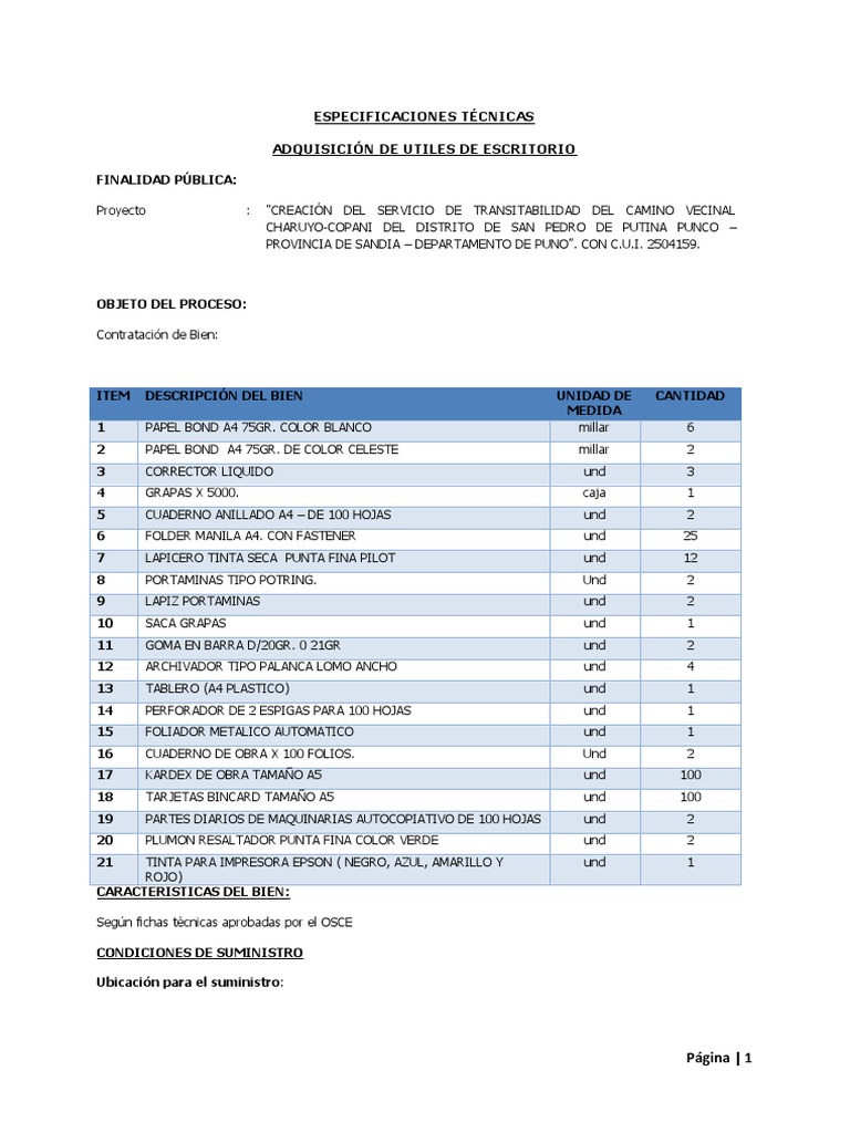 ESPECIFICACIONES TECNICAS COMPRA DE Utiles de Escritorio | PDF ESPECIFICACIONES TECNICAS COMPRA DE Utiles de Escritorio | PDF