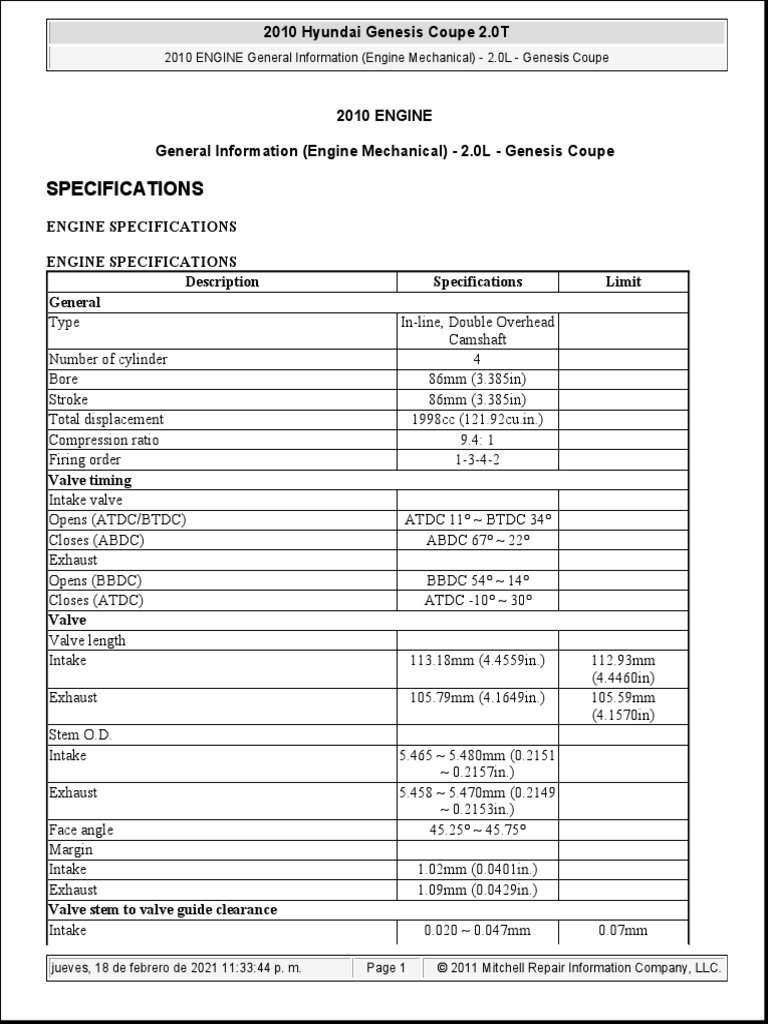 2010 Hyundai Genesis Coupe 2.0L Engine Specifications | PDF | Piston | Motor Oil