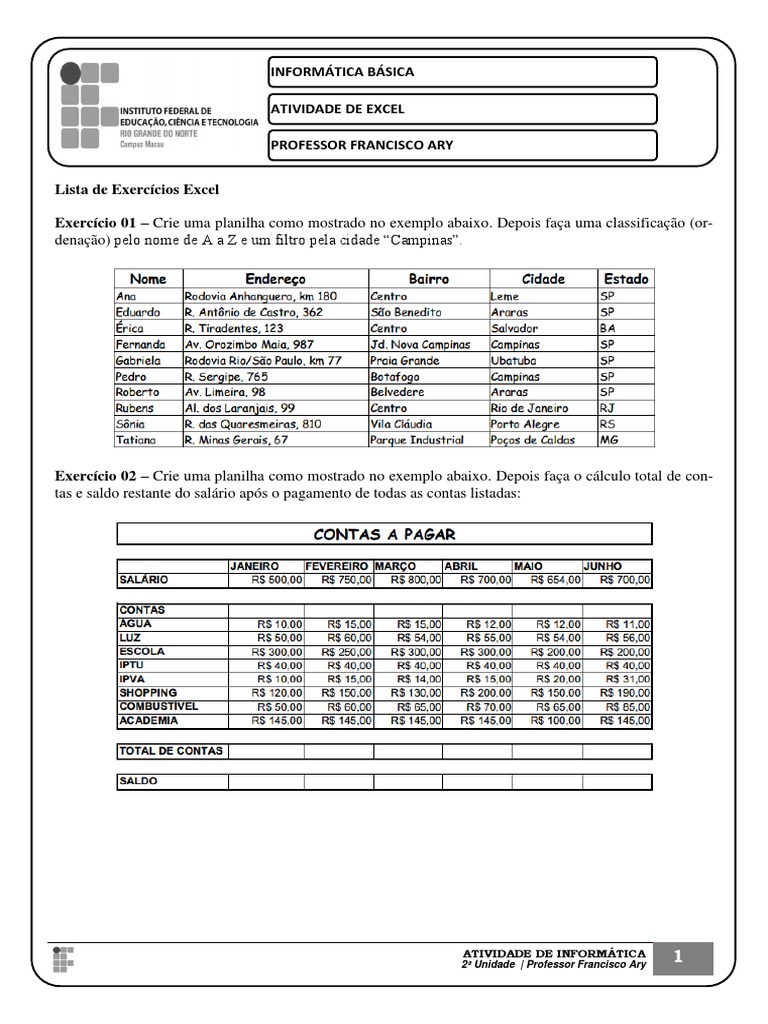 Lista Exercicio Excel 2 | PDF