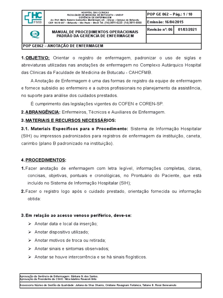ZXP JN Pop Ge 062 Anotacao de Enfermagem 1 | PDF | Enfermagem | Remédio