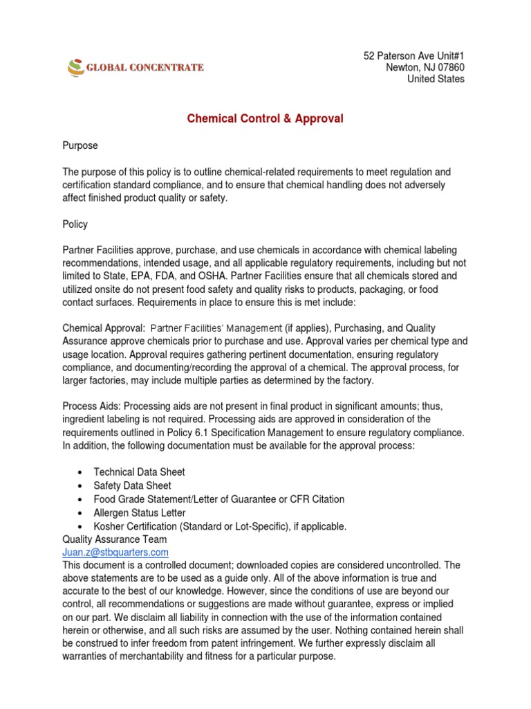 Chemical Policy | PDF | Implied Warranty | Packaging And Labeling