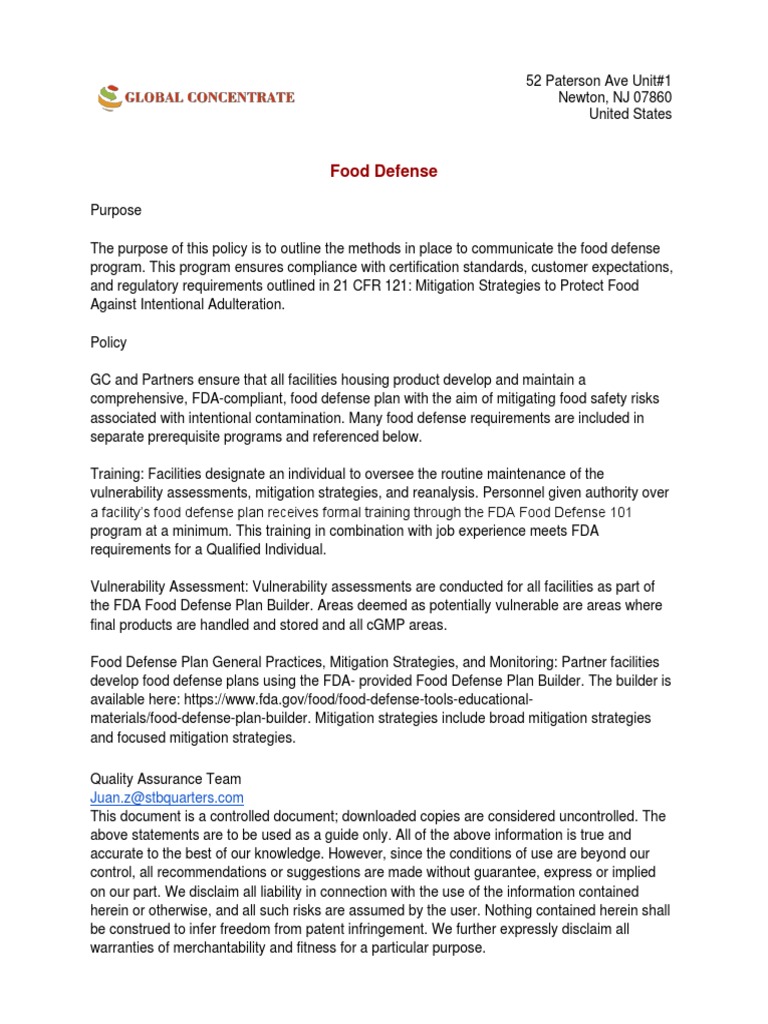 Comprehensive Food Defense Policy Outlining Strategies and Procedures ...