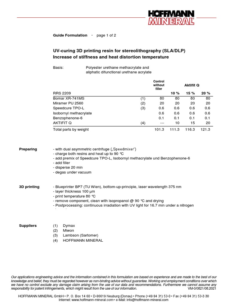 Guide Formulation Uv Curing 3d Printing Resin For Stereolithography Sla DLP | PDF | Viscosity ...