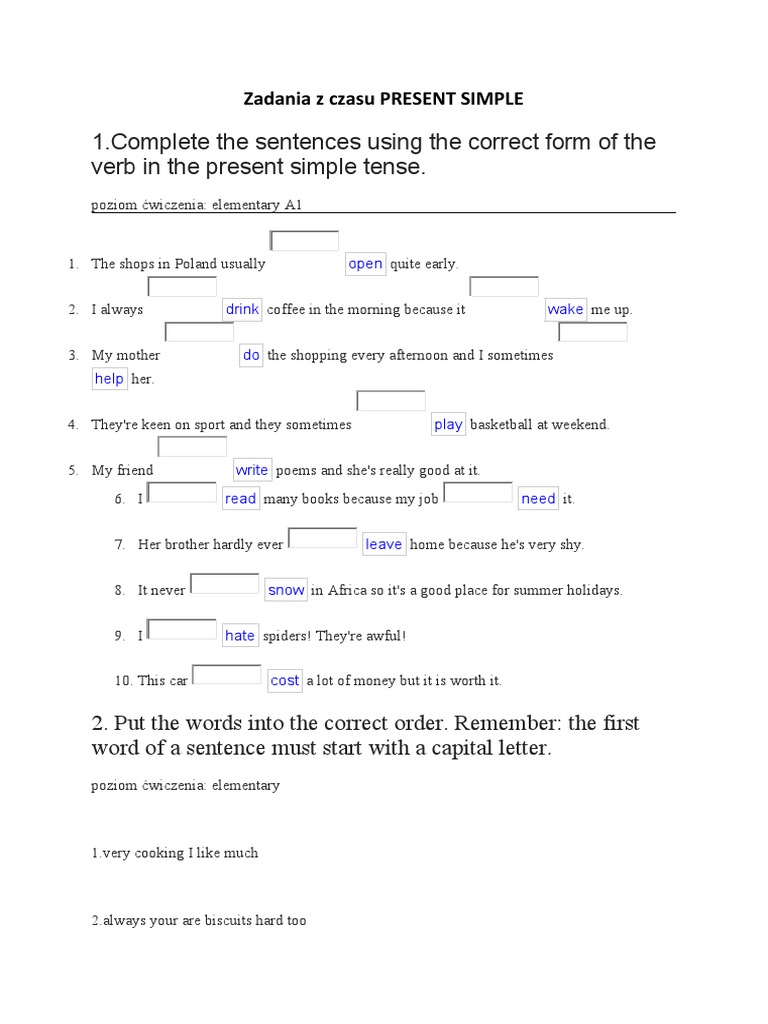 Zadania Z Czasu PRESENT SIMPLE | PDF