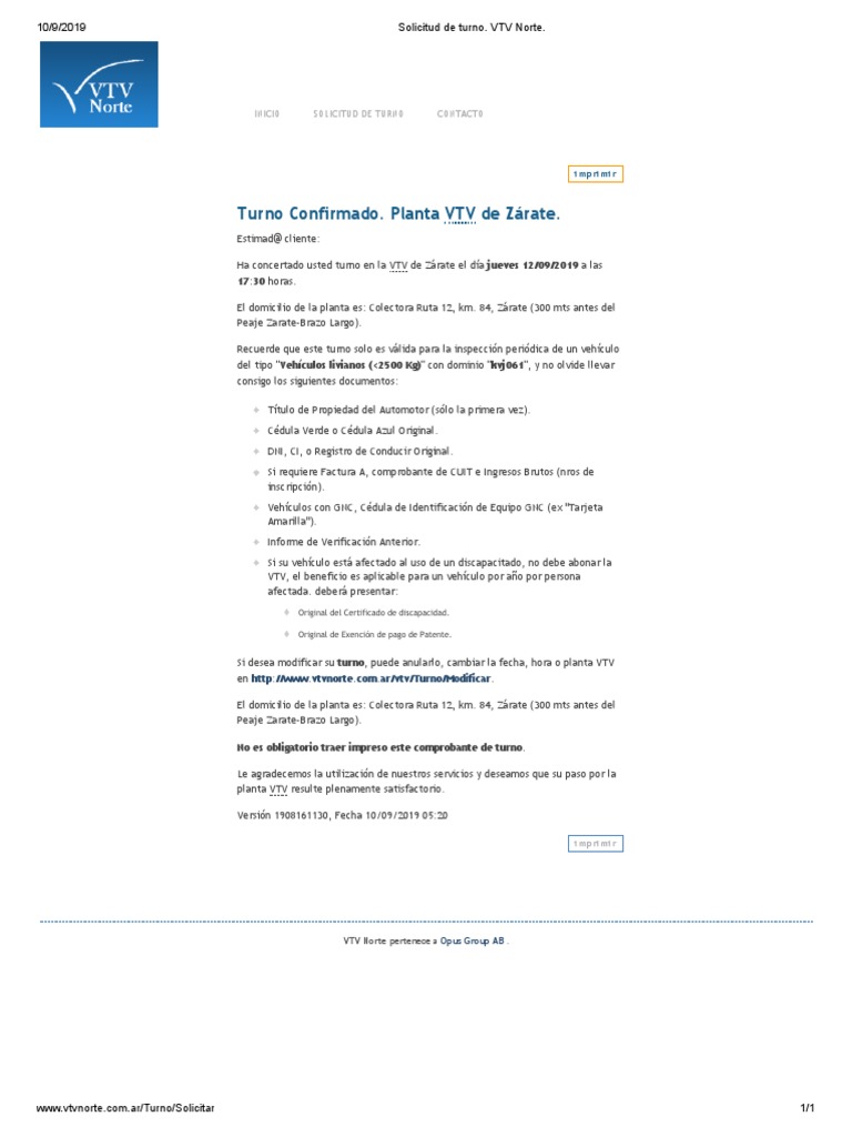 Solicitud de Turno. VTV Norte | PDF