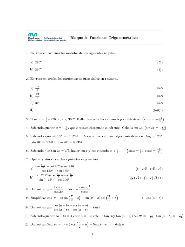 05 Blokea Ariketak | PDF | Funciones trigonométricas | Pi