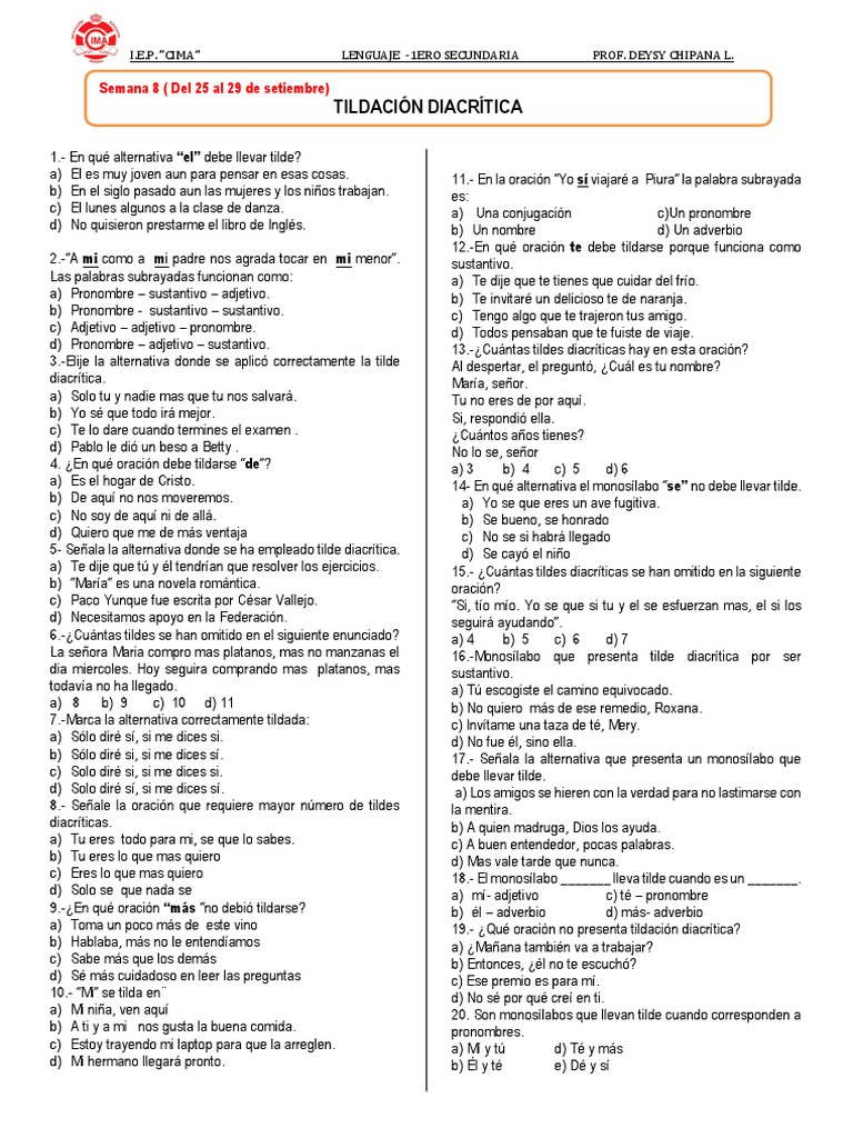 TILDE DIACRÍTICA- PRÁCTICA | PDF | Adverbio | Adjetivo