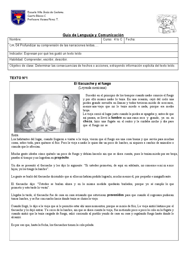 Guía de Lenguaje: Leyenda del Tlacuache | PDF