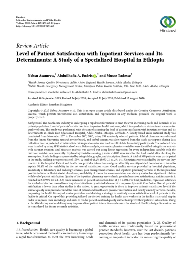 Asamrew (2020) Level of Patient Satisfaction With Inpatient Services ...