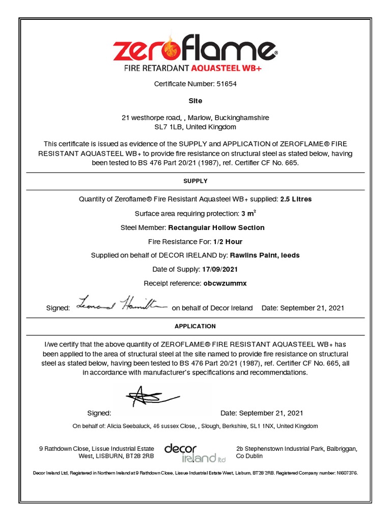 Zeroflame Aquasteel-Certificate-Alicia Seebaluck | PDF | Materials ...