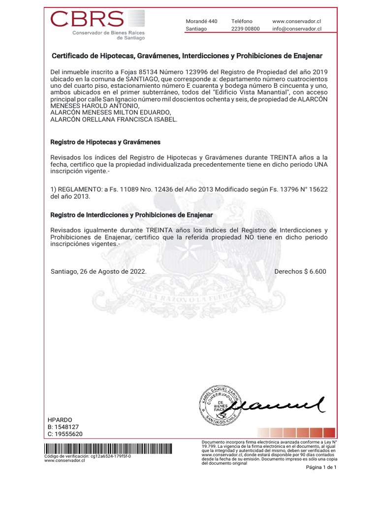EJemplo Certificado Hipotecas y Gravamenes | PDF