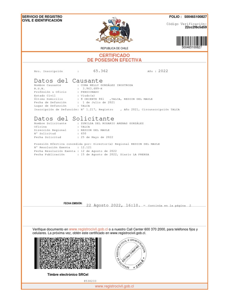 Ejemplo Certificado de Posesion Efectiva | PDF