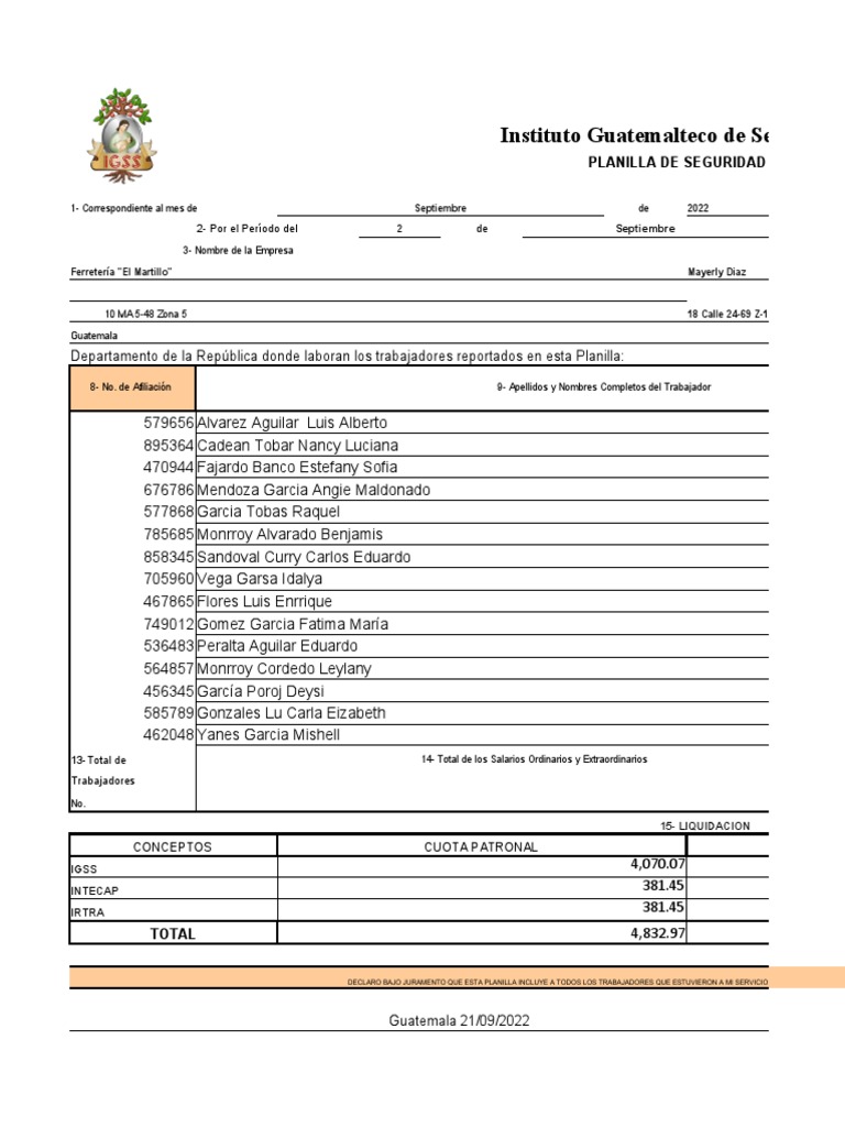 Planilla de IGSS | PDF