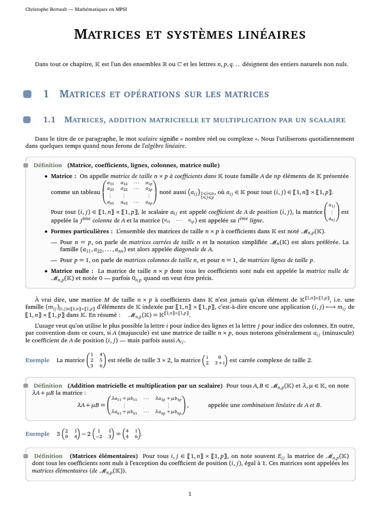 Cours - Matrices Et Systemes Lineaires | PDF | Matrice (Mathématiques ...