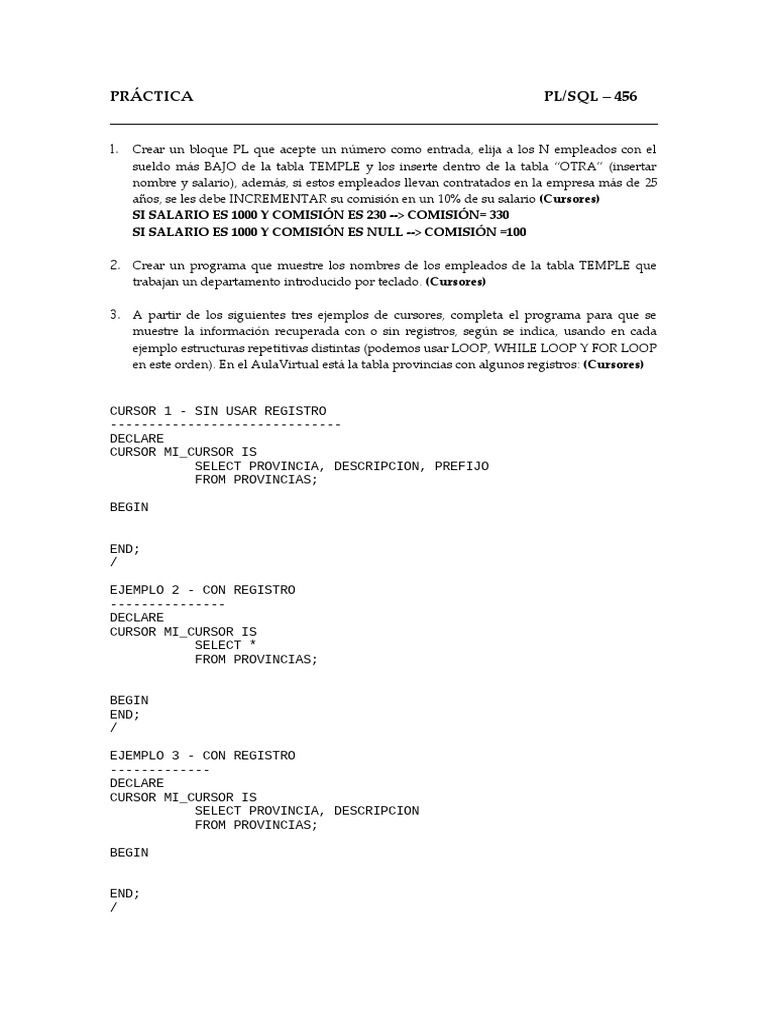 Ejercicios PL 456 | PDF | Pl / Sql | Informática