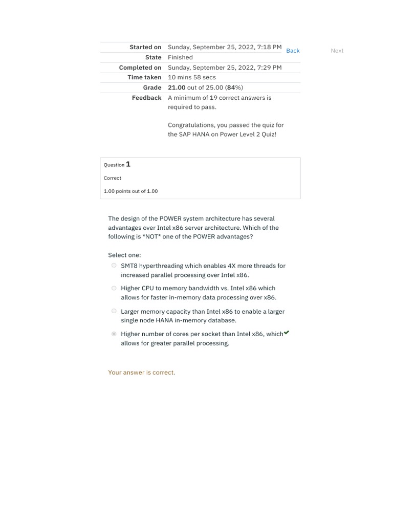 SAP HANA On Power Level 2 Quiz - Attempt Review | PDF | Computer Data Storage | Databases