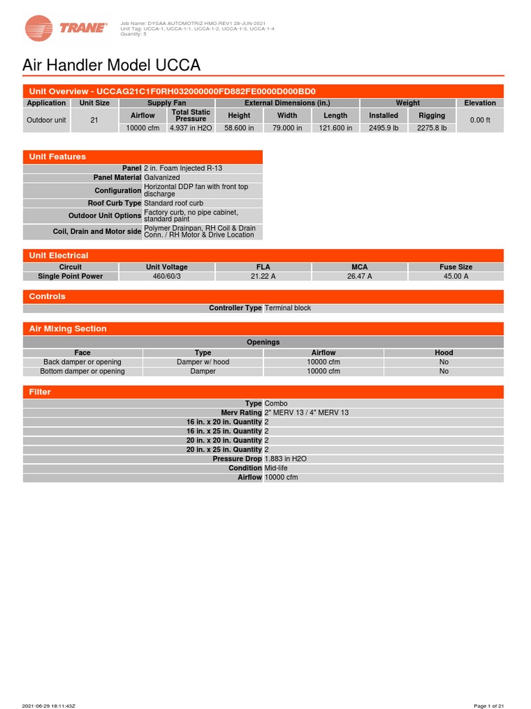 Trane UCCA Air Handler Specifications | PDF | Electric Motor | Building ...