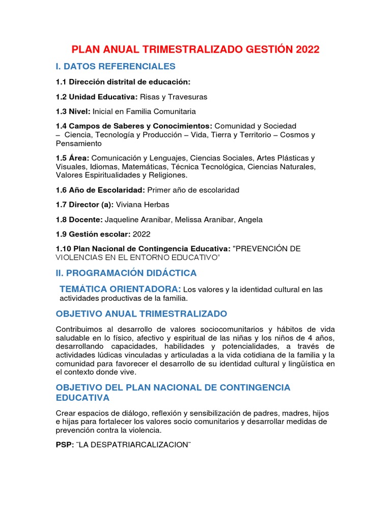 Plan Anual Trimestralizado Gestión 2022 | PDF | Bolivia | Alimentos