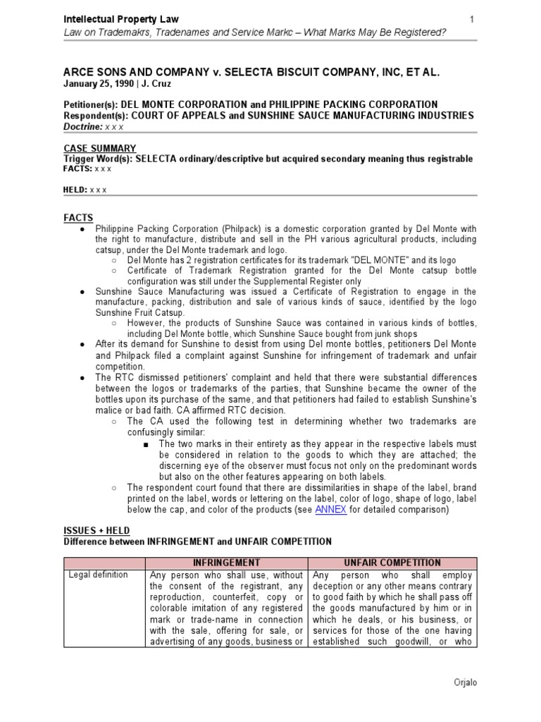 51 Arce Sons and Company v. Selecta Biscuit | PDF | Trademark | Justice