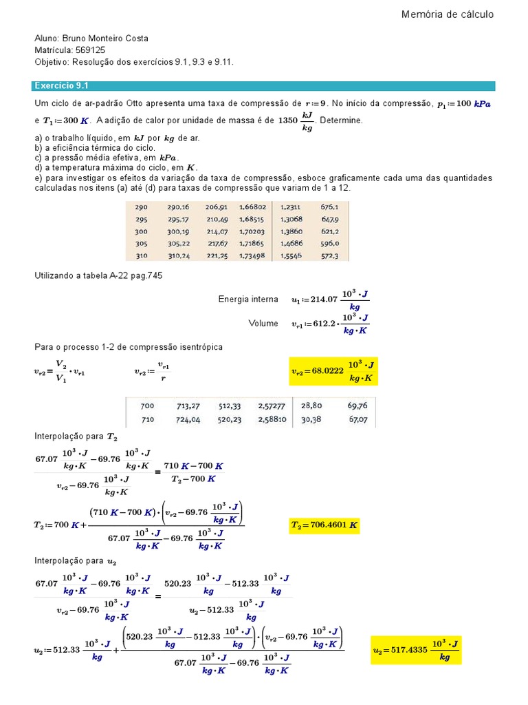 Resolução de exercícios de ciclo Otto com cálculos termodinâmicos | PDF ...