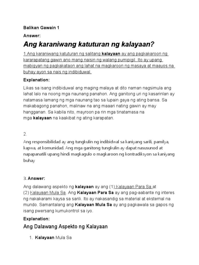 Ang Karaniwang Katuturan NG Kalayaan?: Balikan Gawain 1 Answer | PDF