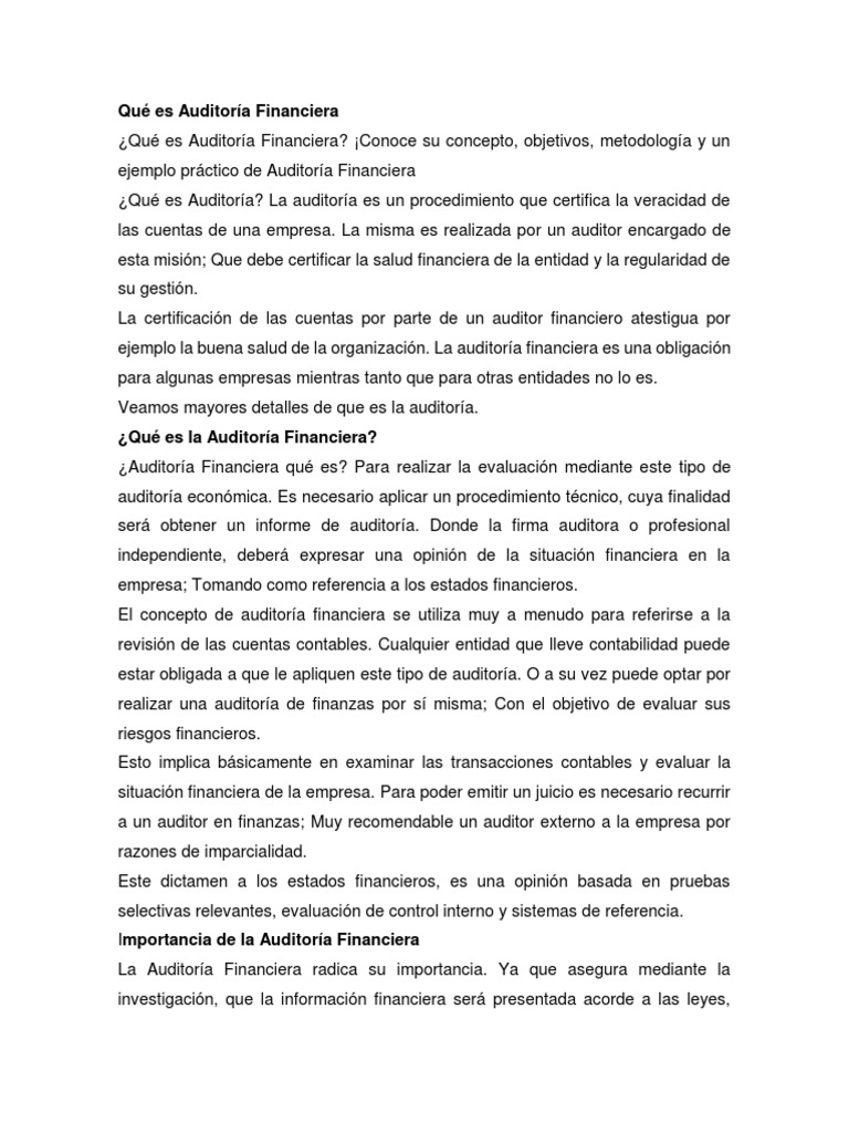 Auditoría Financiera: Concepto, Objetivos, Metodología y Campos de ...