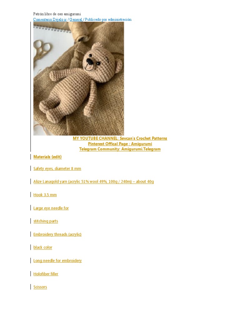 Oso Amigurumi: Patrón Gratis | PDF | Crochet | Amigurumi