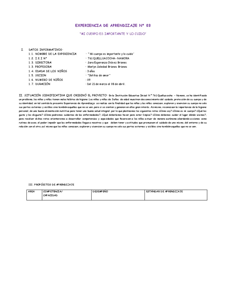 3experiencia de Aprendizaje #3 - Mi Cuerpo Es Importante y Lo Cuido ...