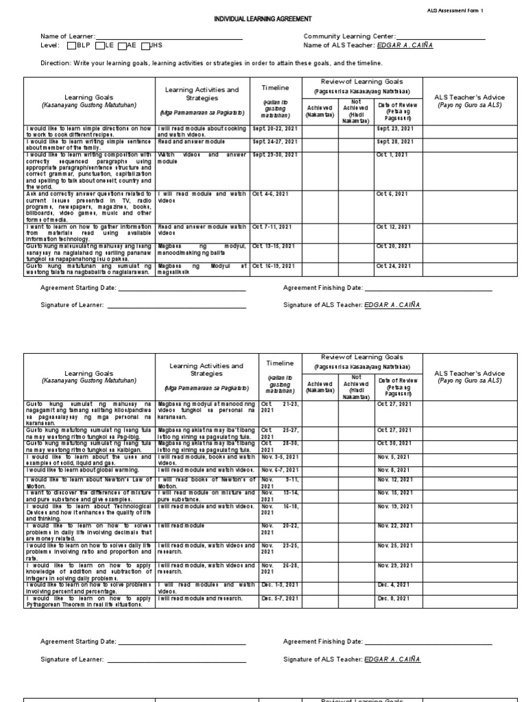 ALS Assessment Form 1 ILA 1 and 2 For 2021 2022 | PDF | Learning ...