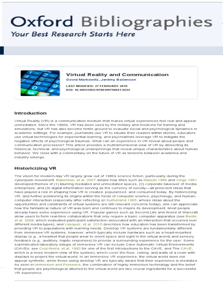 Markowitz Oxford VR Communication | PDF | Virtual Reality | Cognitive Science