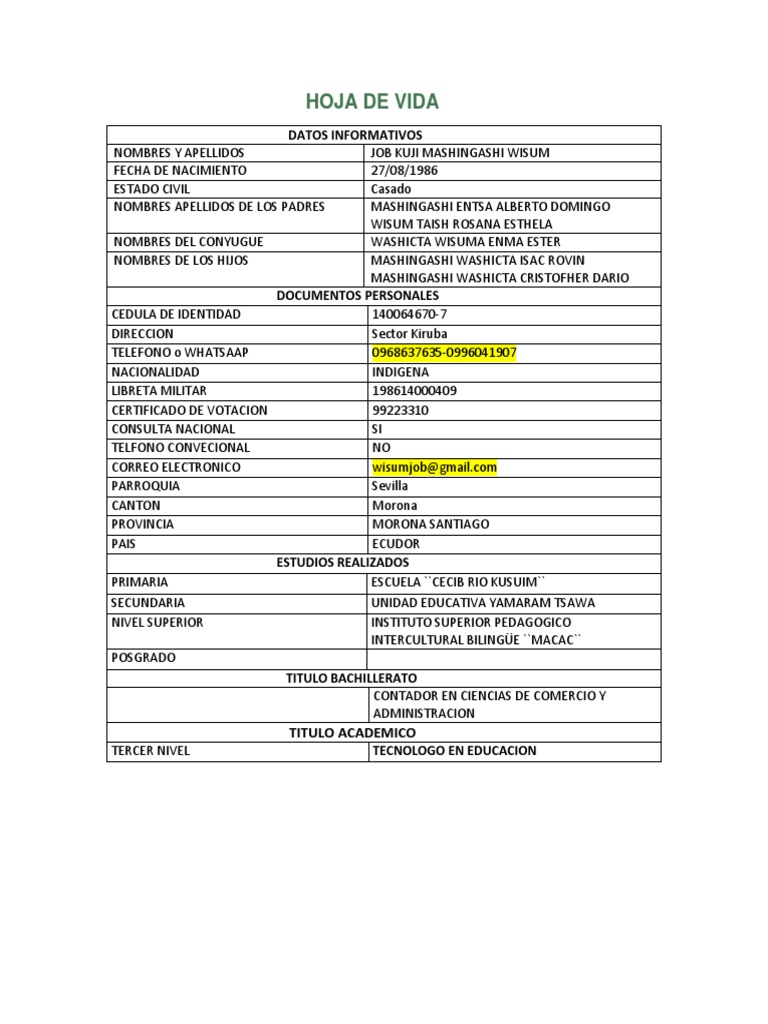 Hoja De Vida Job 2023 Pdf
