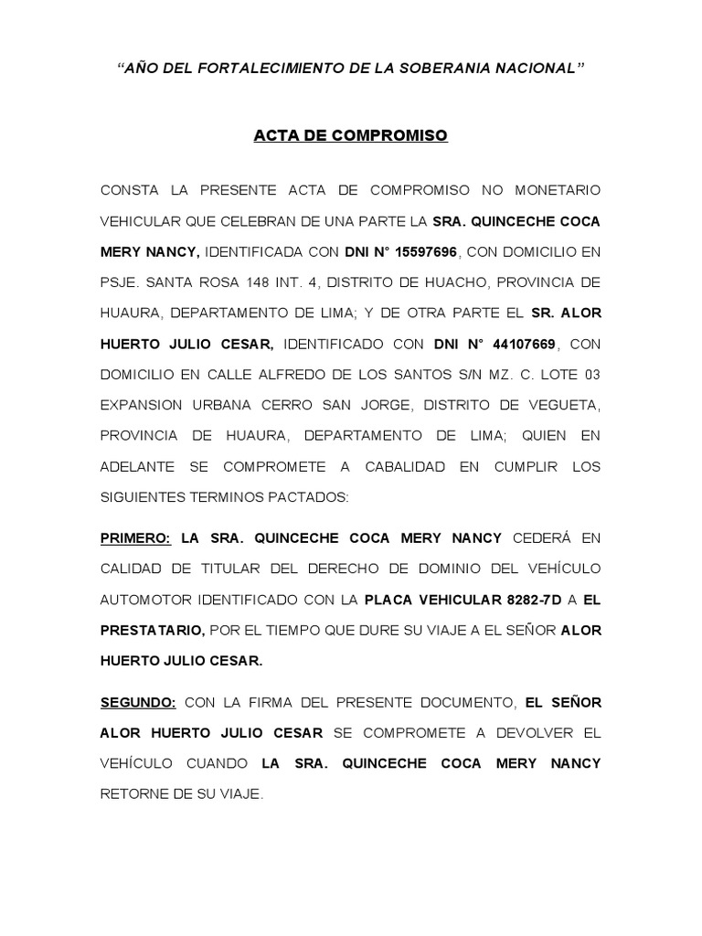 Acta de Compromiso Vehicular | PDF