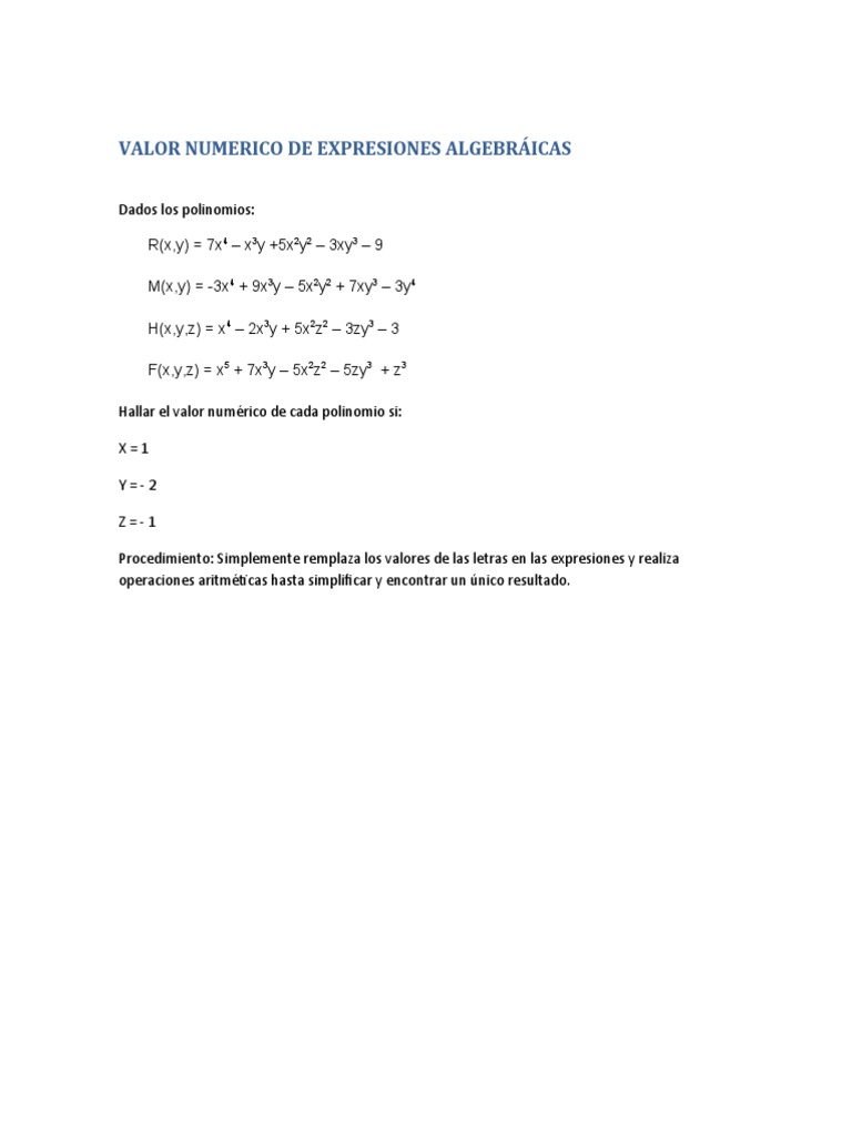 Valor Numerico de Expresiones Algebráicas | PDF | Métodos y materiales ...