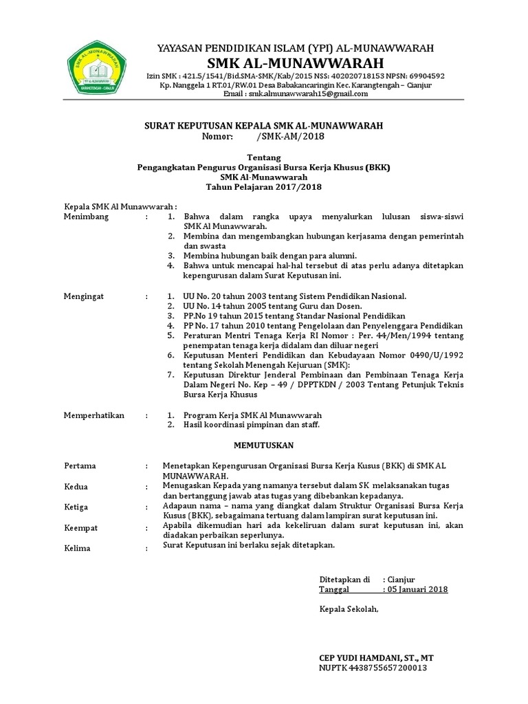 SK Pengurus BKK SMK Al-Munawwarah | PDF